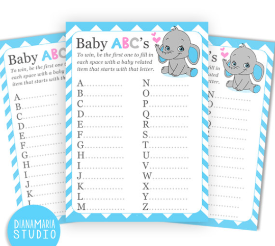 Boy Baby Shower Game-Baby ABC - Elephant Blue Chevron theme - DIY Prin ...